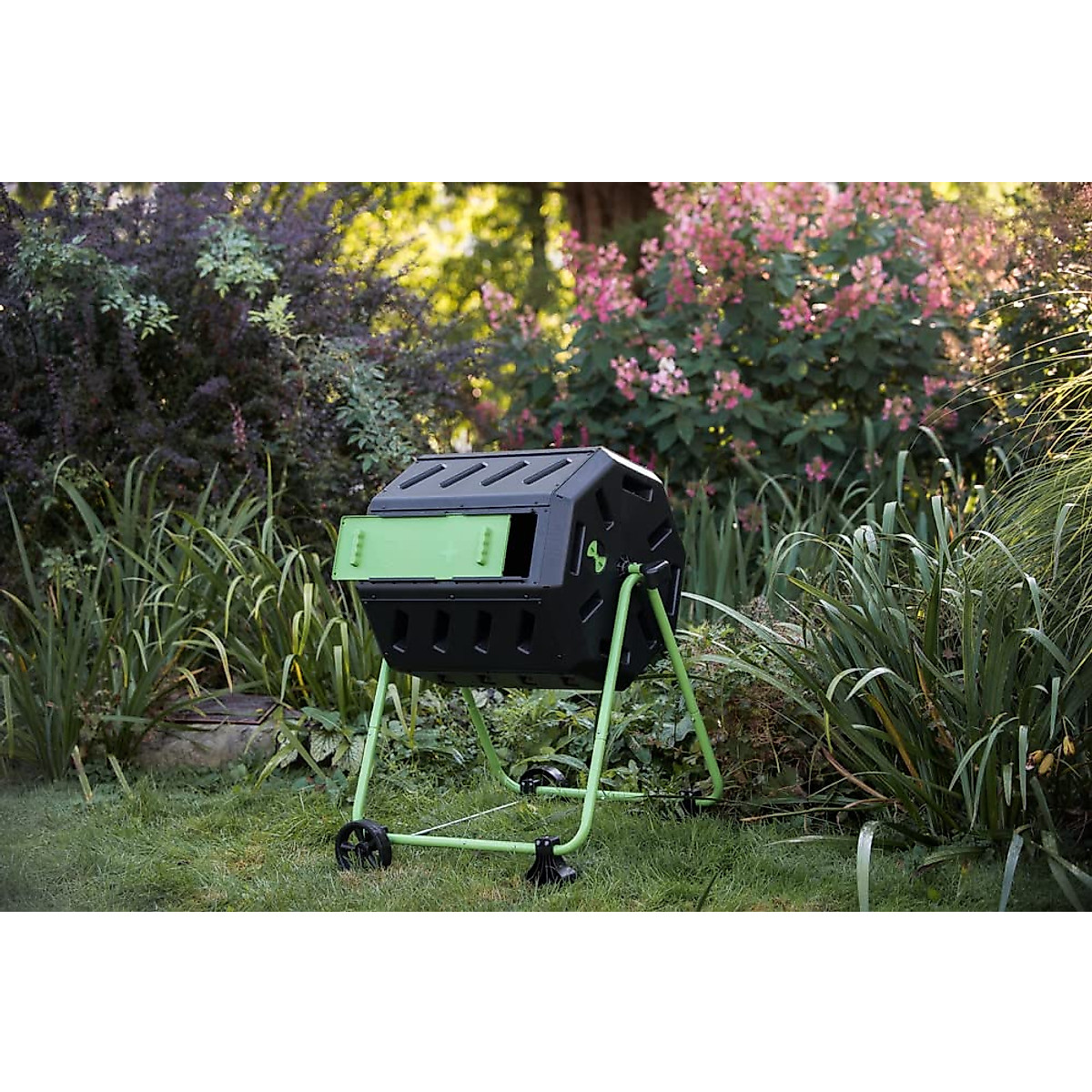 FCMP Outdoor HOTFROG Mobile 43-Gallon Dual Chamber Continuous Tumbling Composter with Wheels - Outdoor Rotating Garden Compost Bin, Black & Green