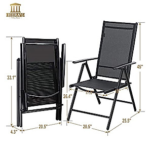HERA'S PALACE Patio Dining Chair Foldable and Portable, Outdoor Folding Chairs with Armrest, Reclining High Back Sling Dining Chairs for Garden, Poolside, Backyard (2pcs, Black)