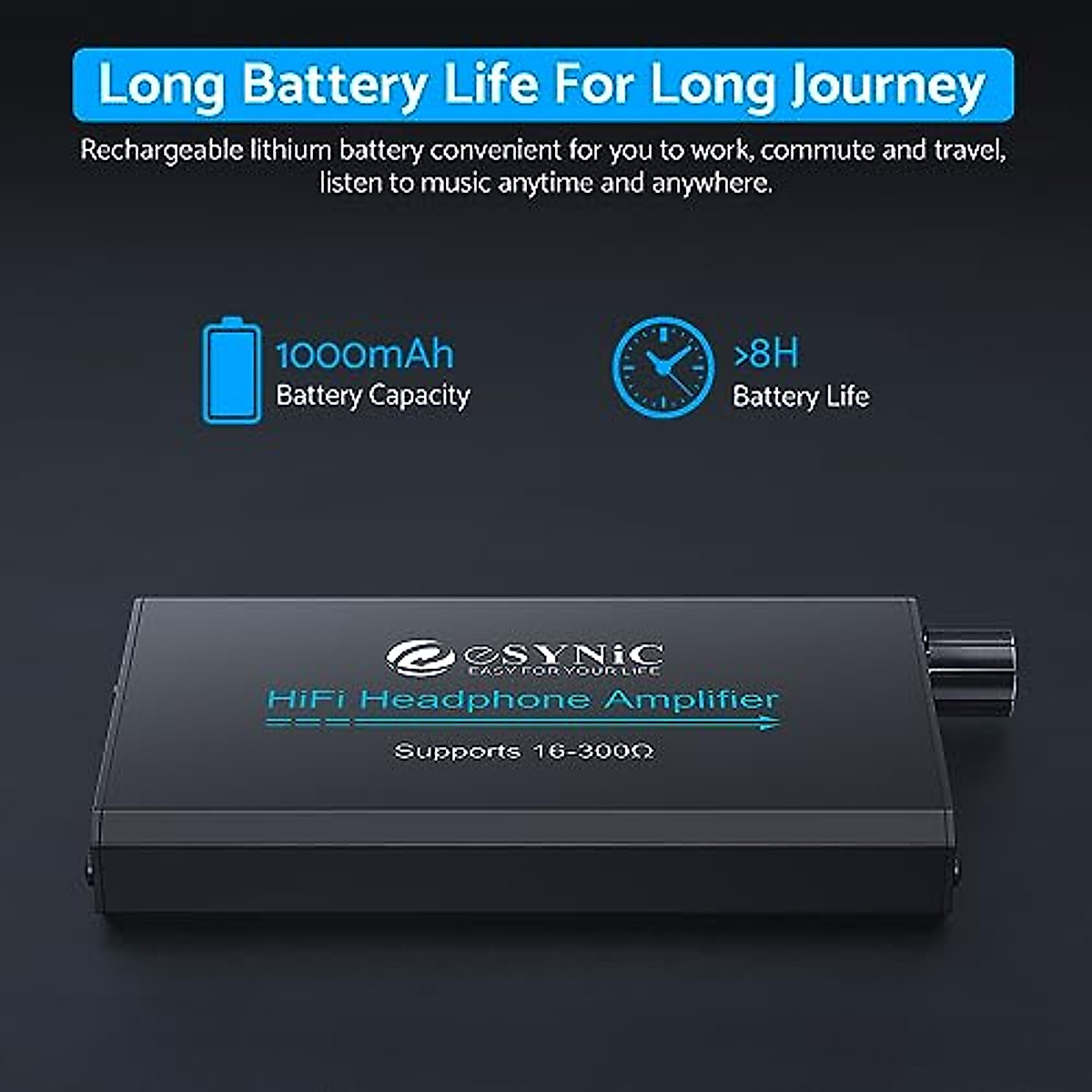 eSynic Professional 16-300Ω Headphone Amplifier Portable Headphone Volume Amplifier Rechargeble Headphone Amp Desktop Amp With 3.5mm Jack & A Two-stage Gain Switch for MP3 MP4 Phones and Computers etc