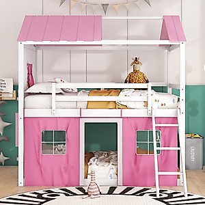 Merax Full Over Full Bunk Wood House Bed with Elegant Windows, Sills and Tent, Pink+White