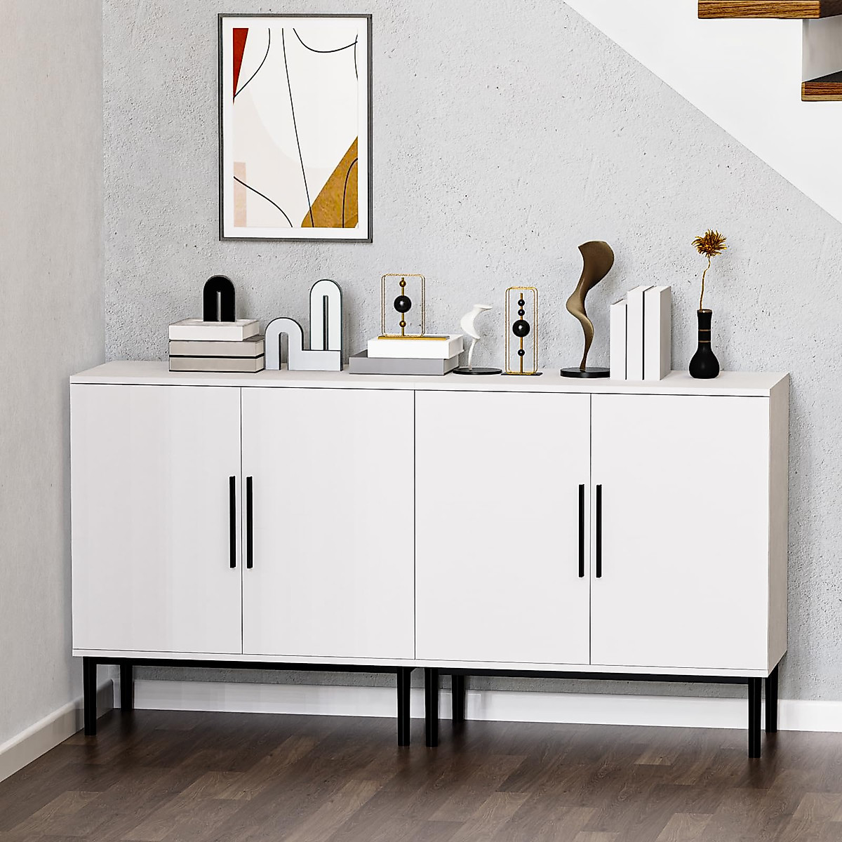REHOOPEX Storage Cabinet, Modern Accent Buffet Cabinet, Free Standing Sideboard and Buffet Storage with Door, Wood Buffet Sideboard for Bedroom, Living Room, Kitchen or Hallway (1, White)