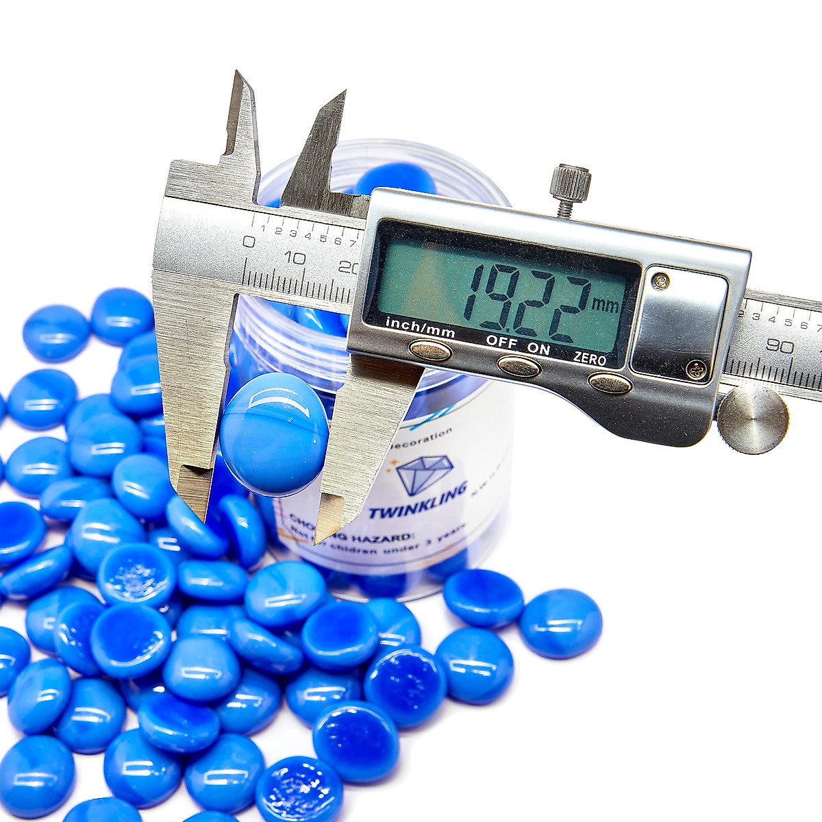 TWINKLING High Luster Round Fire Pit Glass Stones,Glass Marbles,Glass Pebbles,Glass Beads Gems Chips for Fire Pit Vase Fillers Crafts Aquarium Garden Decoration,17-19mm,1-Pound Jar (Blue Porcelain)