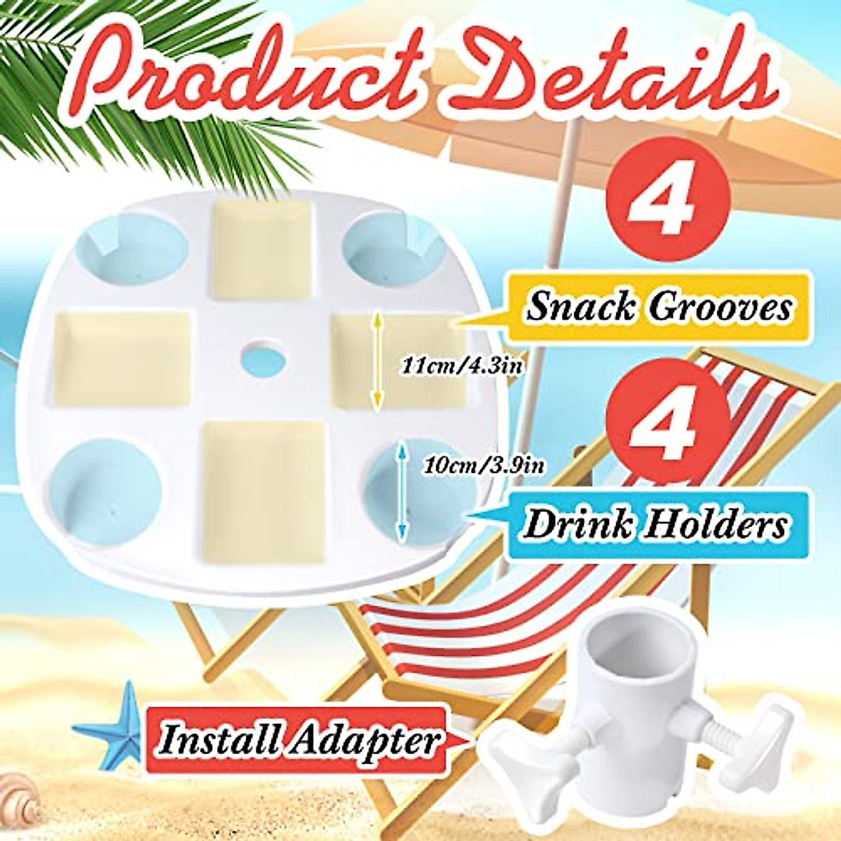 2 Pcs Beach Umbrella Table Tray Outdoor Beach Umbrella Table Swimming Pool Table Beach Umbrella Tray with 4 Cup Holders 4 Snack Compartments for Beach Patio Garden Swimming Pool, White (17 Inch)