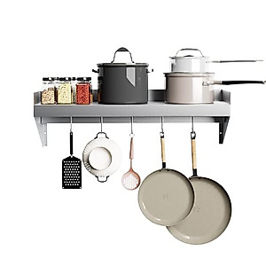 Halamine Stainless Steel Shelf, Metal Shelf 24 * 12 in, Stainless Shelf Wall Mounted Steel Floating Shelf with 5 Hook for Kitchen, Restaurant, Home, Bar, Laundry Room, Food Truck