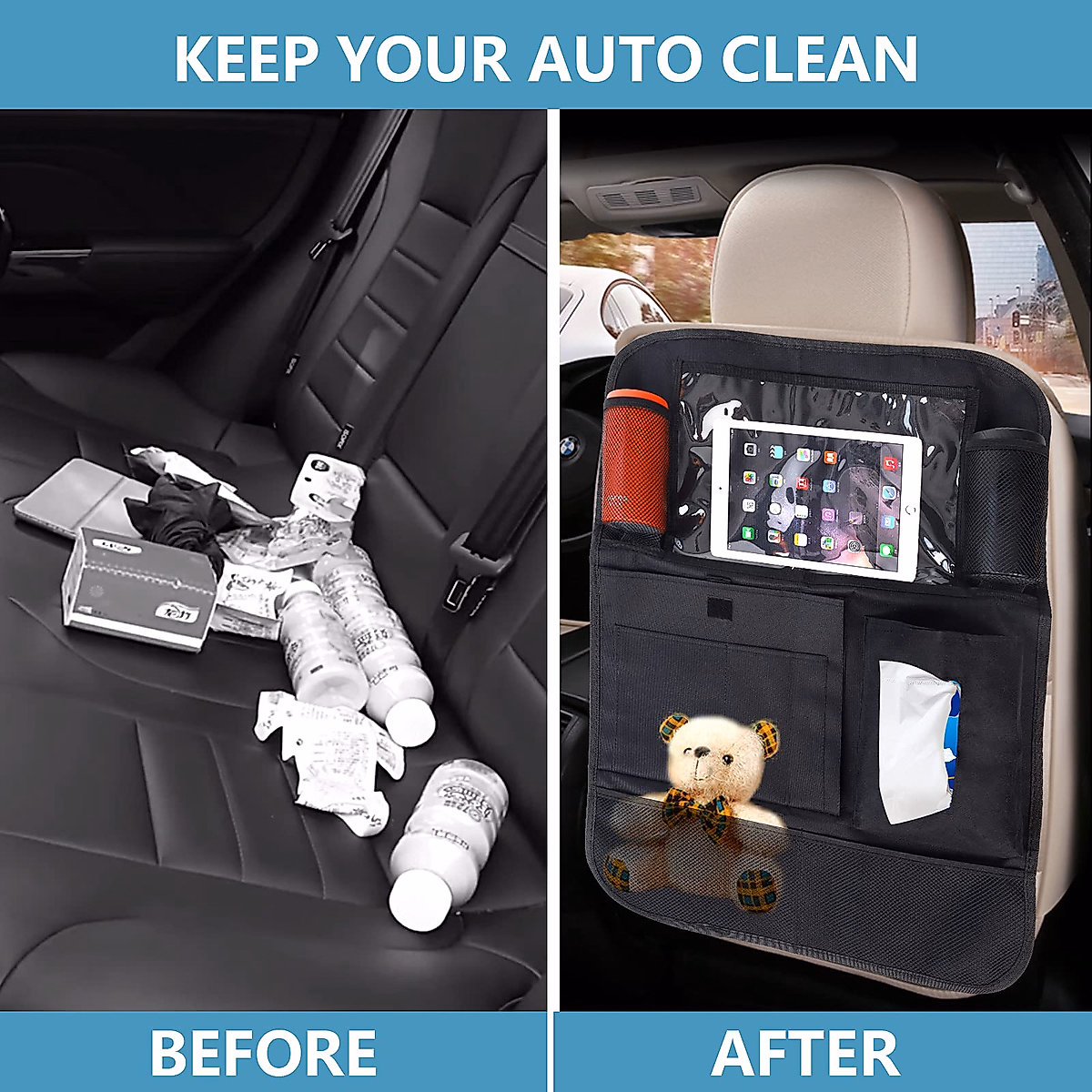 Car Seat Protector for Child Car Seat + Car Organizer Back Seat 4 Pack Kick Mat Car Seat Cover for Baby Carseat Waterproof for Leather CarSeats