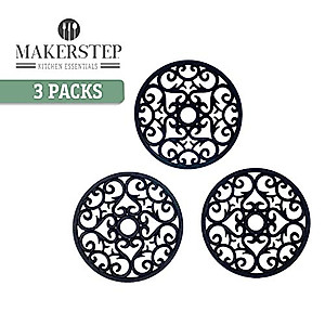 Makerstep Silicone Trivet Mat 3 Set in Heart Design Trivets. Hot Pan Holder Hot Pads for Countertop & Table. Non Slip, Serving Dishes Plates. Dishwasher Safe, Heat Resistant Kitchen Gadgets, Black