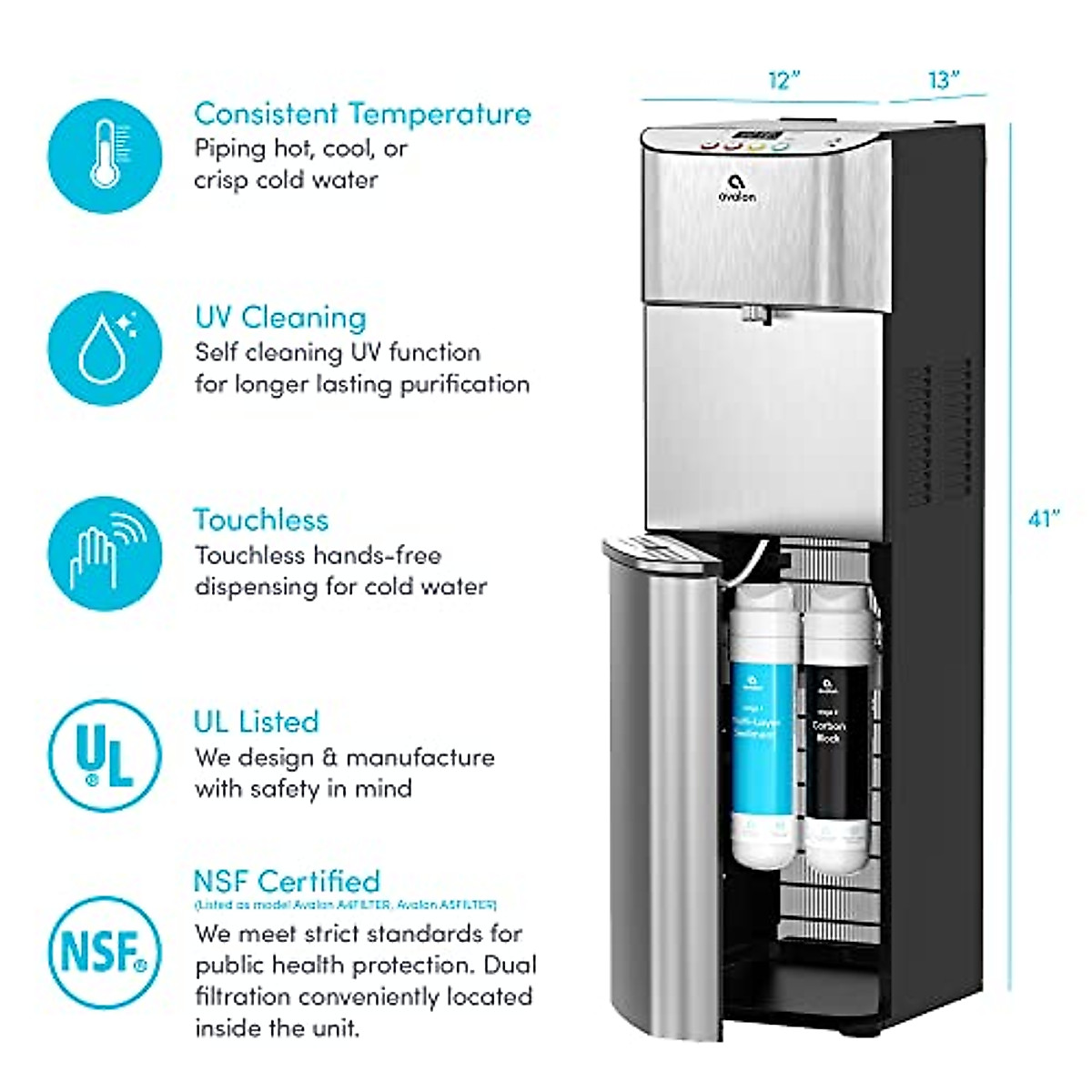 Avalon Hand-Free Touchless Electric Bottleless Water Cooler Dispenser with BioGuard- 3 Temperatures, Digital Clock with Temperature Control, Self Cleaning, Anti-Microbial Coating, Stainless Steel