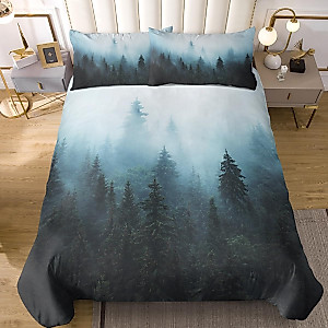 Sleepwish Misty Landscape Duvet Cover Fir Forest Bed Linen and Bedding Blue Watercolor Hipster Tree Bed Set 3 Piece Vintage Natural Bedspread (Queen)