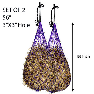 Majestic Ally 2 pcs Slow Feed 56” Hay Net with Soft 3"x3" Holes for Horses & Livestock, Nylon Rope Hanging, Simulates Grazing, Reduce Waste (Purple)