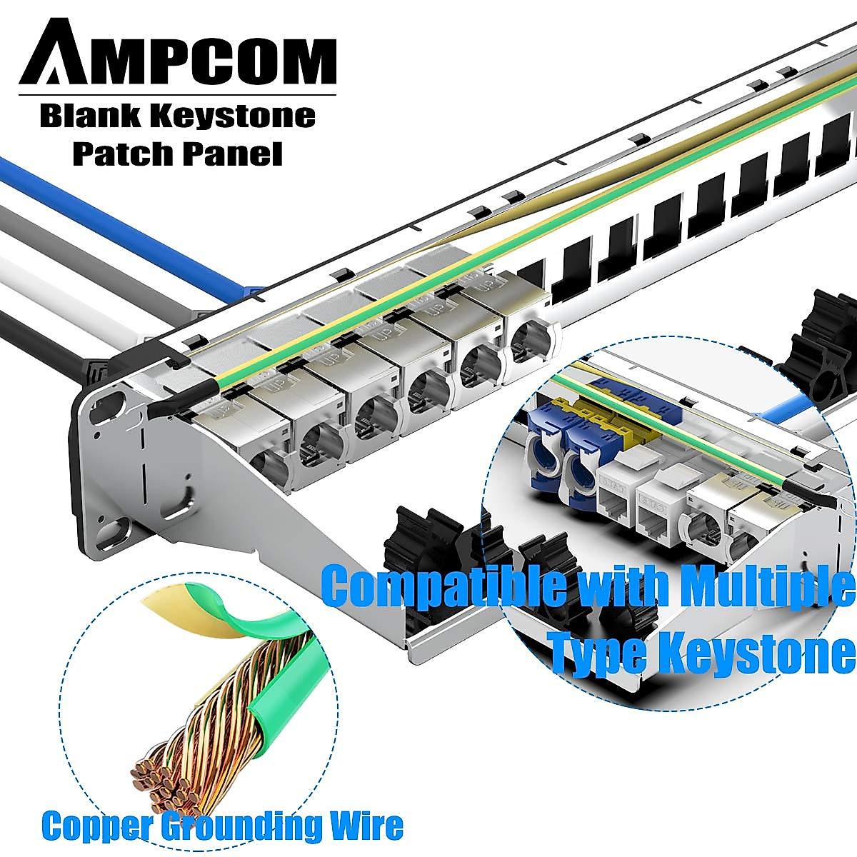AMPCOM 24 Ports 1U Blank Keystone Patch Panel, 19 inch Rack or Wall Mount with Rear Cable Management Panel for Ethernet CAT5e/CAT6/CAT7, USB, HDMI