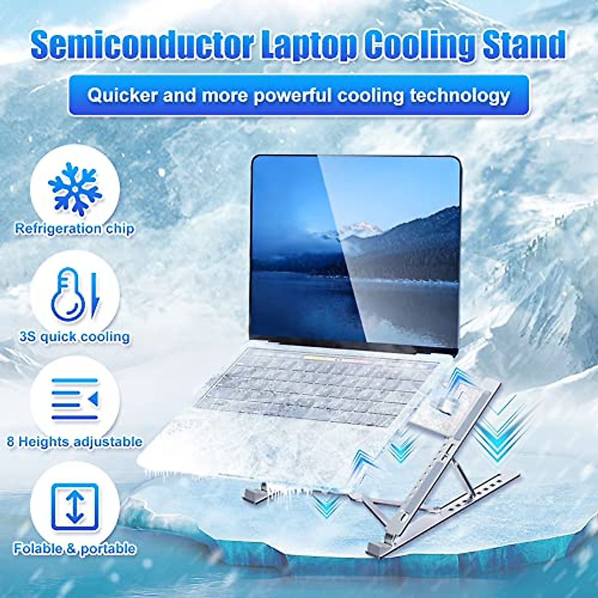 NORMIA RITA Semiconductor Laptop Cooling Stand, 3S Fast Cooling Foldable Laptop Cooler with Refrigeration Plate, Portable Gaming Laptop Cooling Pad for Desk with 8 Heights Adjustable