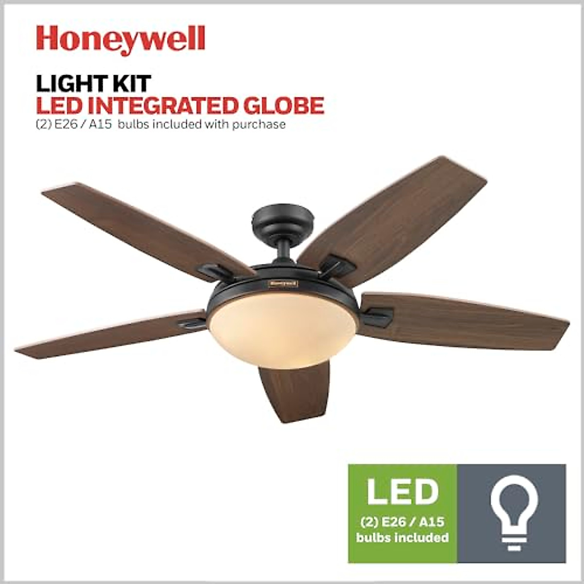 Honeywell Ceiling Fans Carmel, 48 Inch Contemporary Indoor LED Ceiling Fan with Light, Remote Control, Dual Mounting Options, Dual Finish Blades, Reversible Motor - 50197-01 (Bronze)