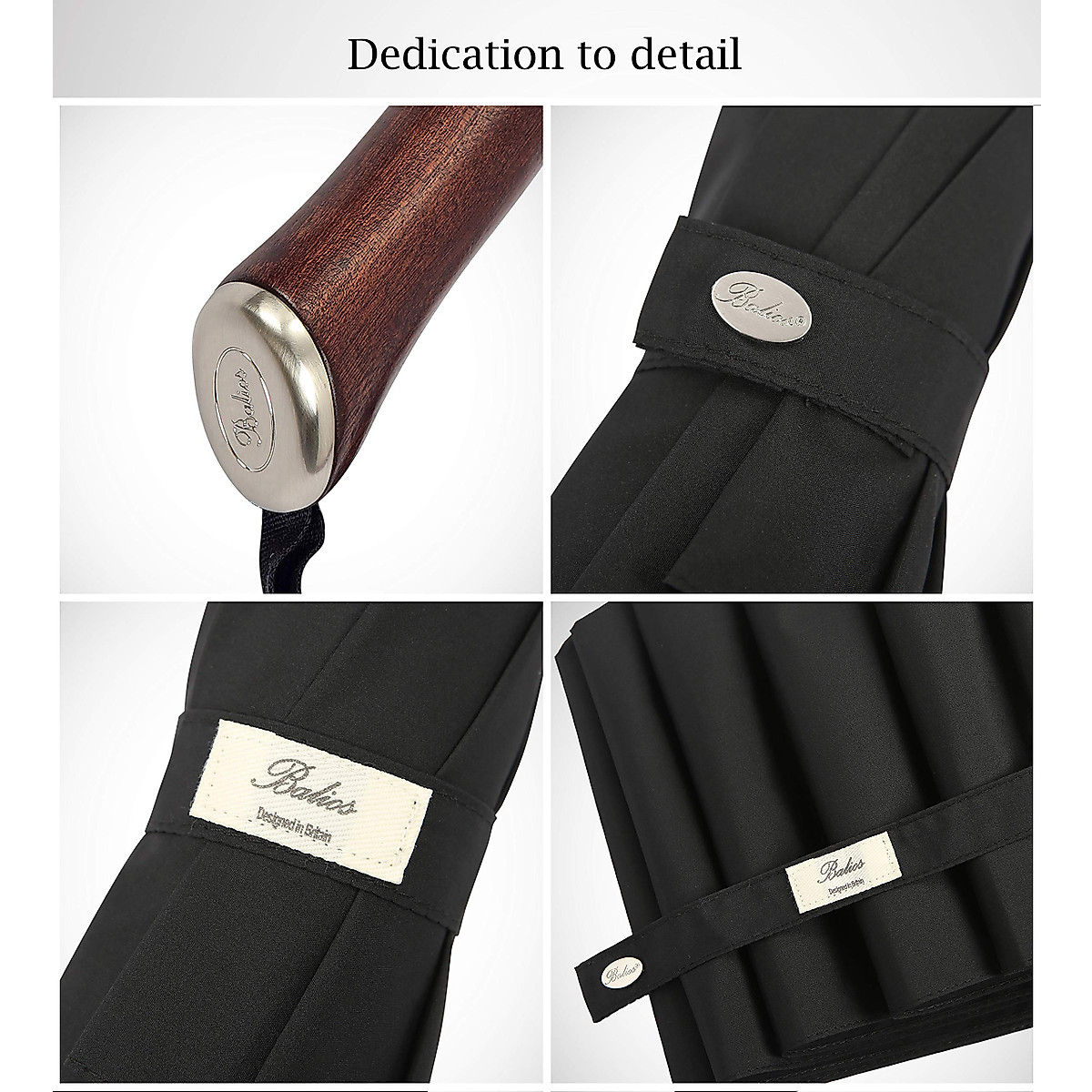 Balios (Designed in UK) Travel Umbrella Luxurious Golden Hardwood Handle Auto Open & Close Windproof Frame Single Canopy Automatic Folding Umbrella Men's & Ladies (Jet Black)