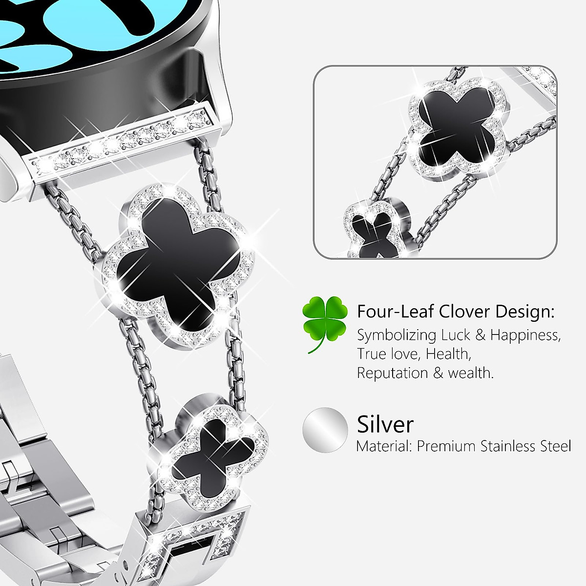 WINGLE for Samsung Galaxy Watch 7 6 5 4 FE Band 40mm 44mm Women Watch 5 Pro Band 45mm Four/4 Leaf Clover 20mm Bling Band for Active 2/Galaxy Watch 6/4 Classic 43mm 47mm 42mm 46mm/Watch 3 41mm, Silver
