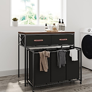 CJWD Rolling Laundry Basket Organizer on Wheels, Laundry Sorter Hamper 3 Section with Wheels Shelf and 2 Drawers, Rustic Brown and Black