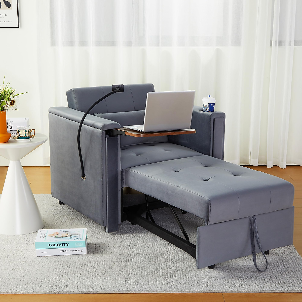 weselon Velvet Convertible Chair Bed, 3 in 1 Multi-Functional Lounge Chair Sleeper, Pull Out Couch Guest Bed with Hidden Table and Adjustable Backrest for Living Room Small Space Apartment (Gray)