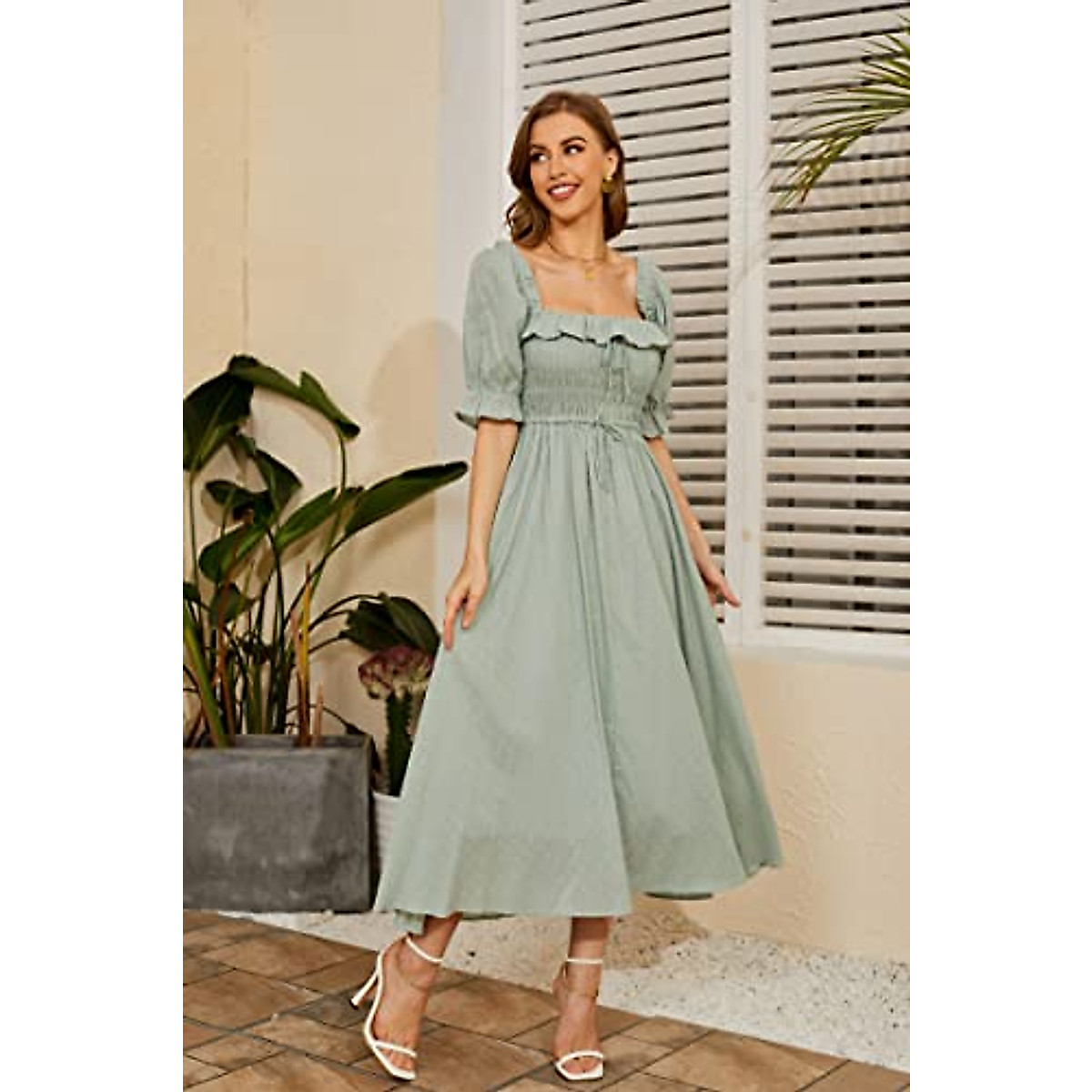 R.YIposha Women Vintage Elastic Square Neck Ruffled Half Sleeve Summer Backless Beach Flowy Maxi Dresses,16-18,Green