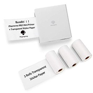 Phomemo M02 Mini Mobile Printer- Bluetooth Thermal Photo Printer with 3 Rolls Transparent Sticker Paper, Compatible with iOS + Android for Plan Journal, Study Notes, Art Creation, Work, Gift