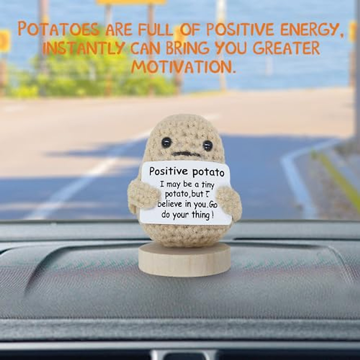 Uisky AA Mini Funny Positive Energy Potato Car Accessories Dashboard Decorations,Knitted Toy with Encouragement Card Creative,Car Interior Gift for People Who Love Cute Things.