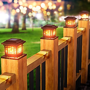 LETMY Solar Post Cap Lights Outdoor, 4 Pack LED Deck Fence Cap Solar Lights, Bright Waterproof Solar Post Lights for 4x4 5x5 6x6 Wooden Posts in Patio, Deck or Garden Decoration