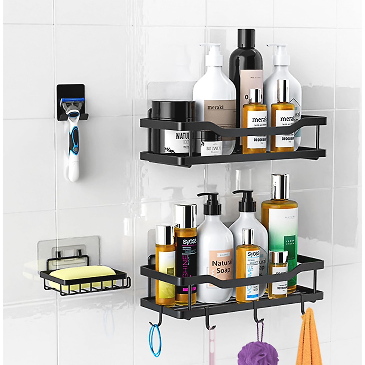 Ace Initiatives Shower Caddy 4 Pack, Adhesive Shower Organizer for Bathroom Storage & Kitchen, No Drilling, Large Capacity, Rustproof Stainless Steel Bathroom Organizer, Bathroom Shower Shelves