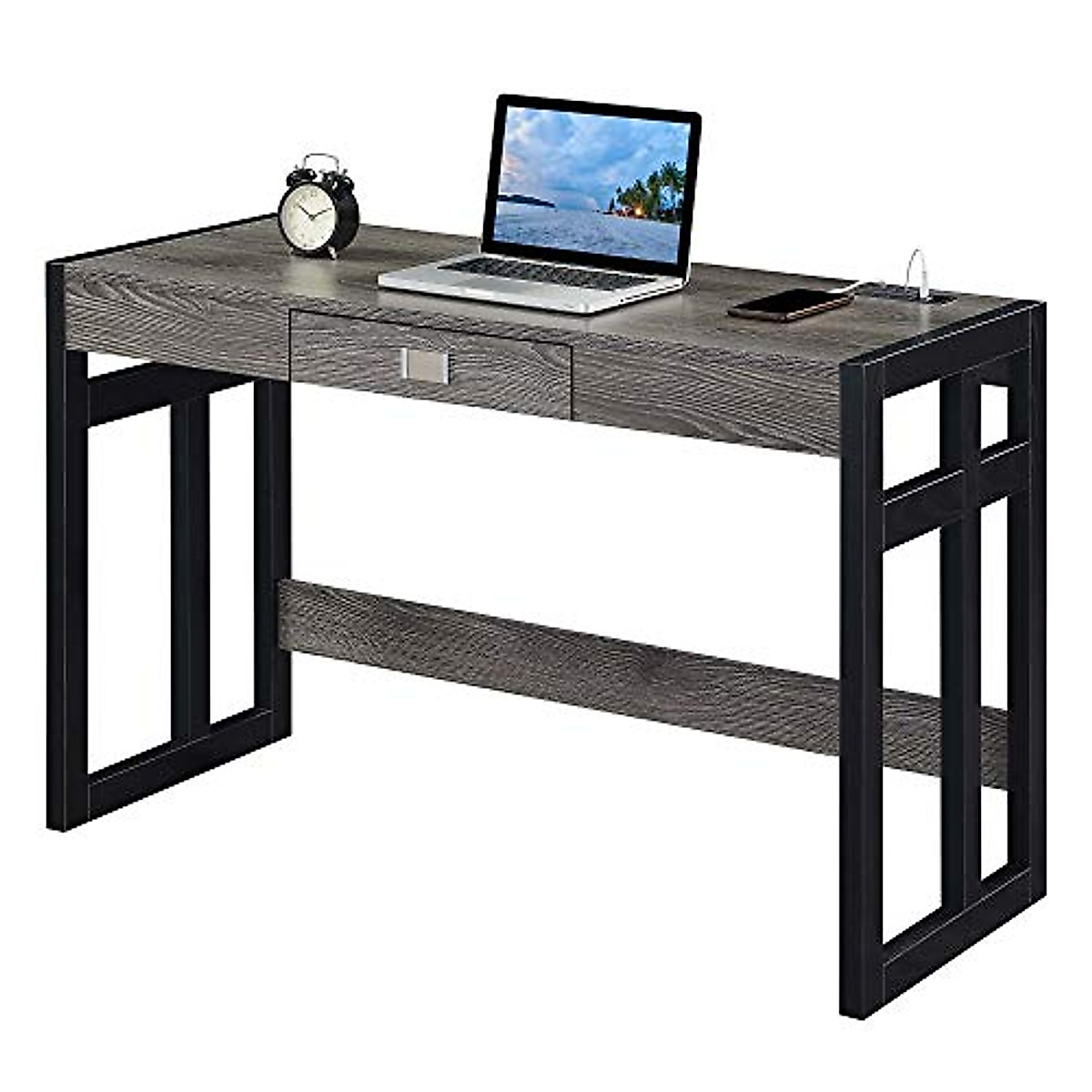 Convenience Concepts Monterey Desk with Charging Station, 47-inch, Weathered Gray/Black
