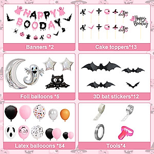 120Pcs Pink Black Halloween Birthday Party Decorations, Happy Boo Day Glitter Banner Ghost Bat Foil Balloons Garland Cake Topper for Girl Kids Halloween Baby Shower Gender Reveal Little Boo Supplies