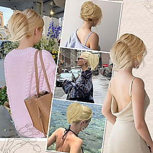 BARSDAR Straight Hair Bun Extensions - Short Straight Ponytail Blonde Hair Bun Extensions for Women, Synthetic Elastic Messy Hair Bun Scrunchies Hairpieces Daily - Light Ash Blonde Mix