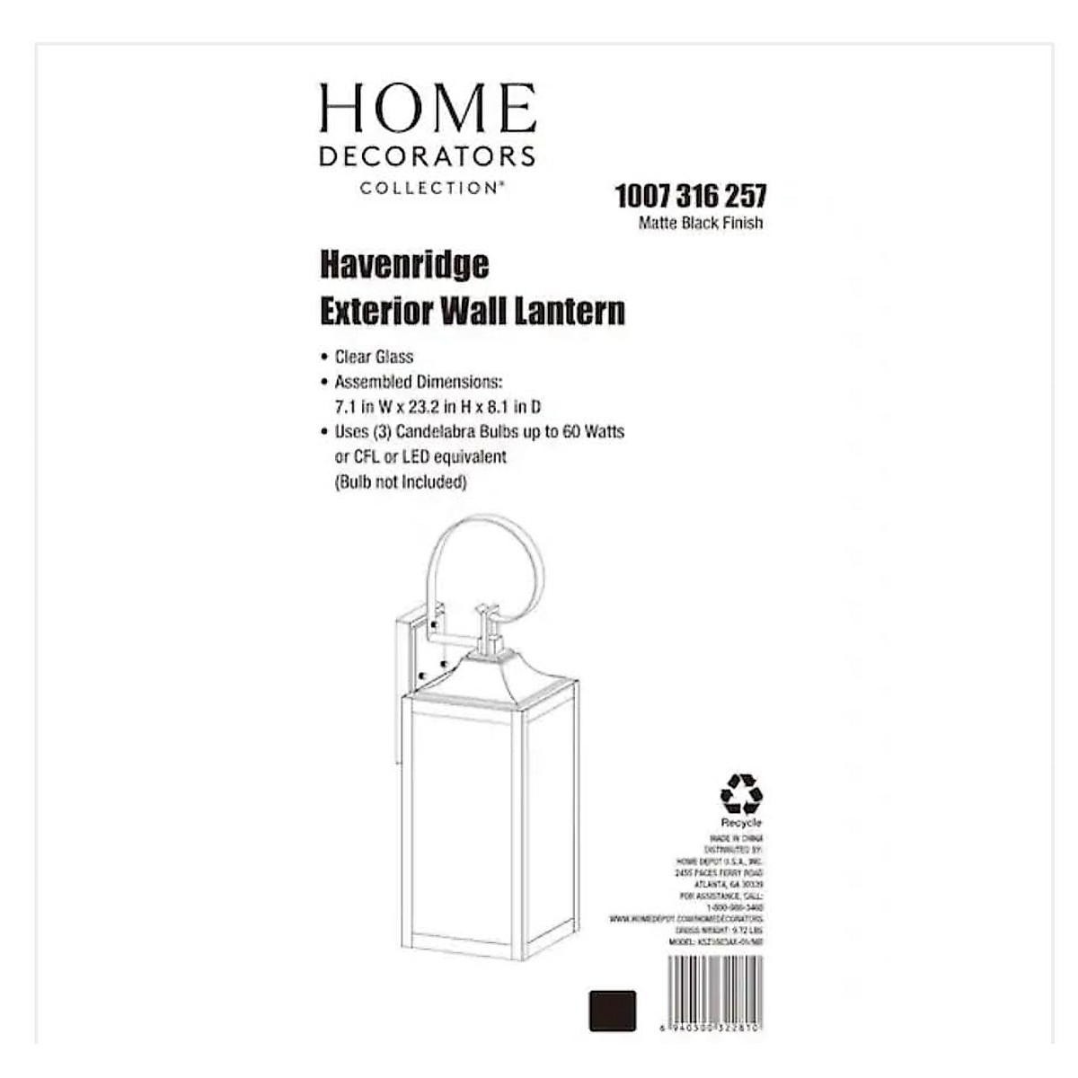 Home Decorators Havenridge 3-Light Matte Black Hardwired Outdoor Wall Lantern Sconce with Clear Glass