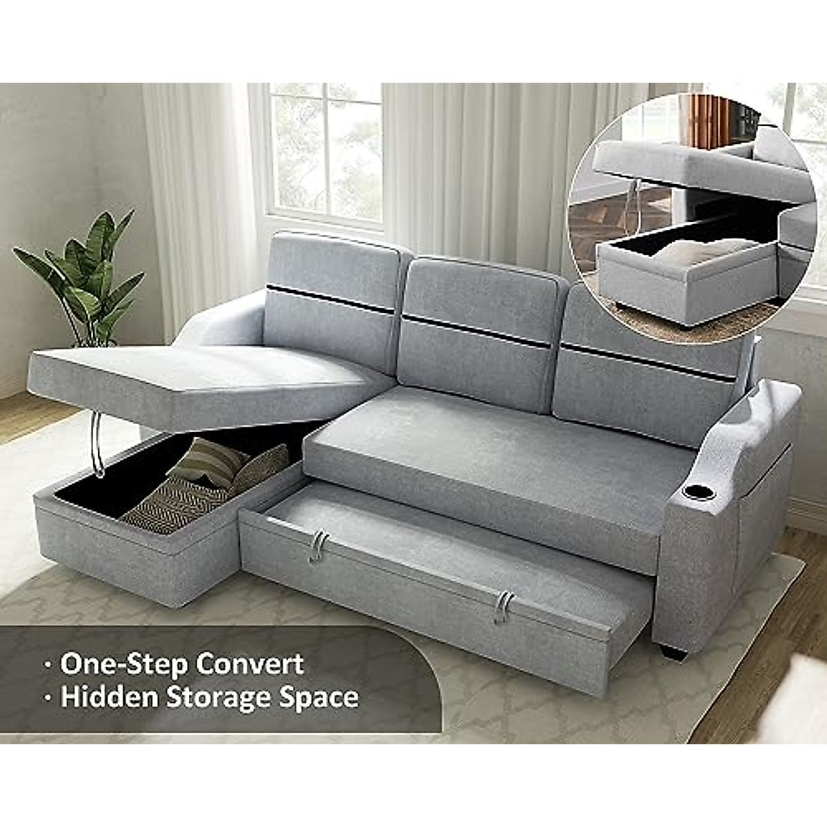 Ucloveria Sectional Sofa Couch, 82" Sleeper Sofa Bed with Reversible Storage Chaise Pull Out Couch Bed for Living Room L-Shape Lounge 2 in 1 Futon Sofa with Two Cup Holder, Grey
