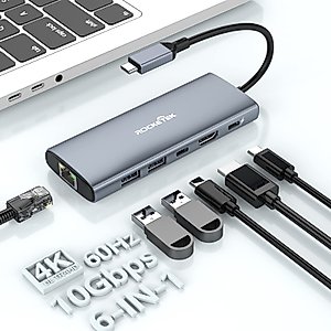 4K@60Hz USB C Hub with Ethernet, 6-in-1 Multiport Adapter with 4K@60Hz HDMI, 10Gbps USB3.0, 100W PD Charging and Gigabit Ethernet, MacBook Docking Station Compatible with Mac M1, M2, iPad, Steam Deck