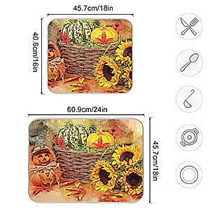 Absorbent Dish Drying Mat for Kitchen Counter - Pumpkin Sunflower Autumn Microfiber Drying Pad, Reversible Drainer Mats for Countertop, Small 16" x 18" inch