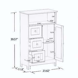 Knocbel Bathroom Floor Storage Cabinet with 3 Drawers, Open Compartment and Single Door, Free Standing Bath Organizer Unit, 23.6" W x 11.8" D x 39.6" H (White)