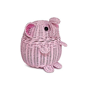 G6 COLLECTION Elephant Rattan Storage Basket With Lid Decorative Bin Home Decor Hand Woven Shelf Organizer Cute Handmade Handcrafted Nursery Gift Animal Decoration Wicker Elephant (Small, Pink)