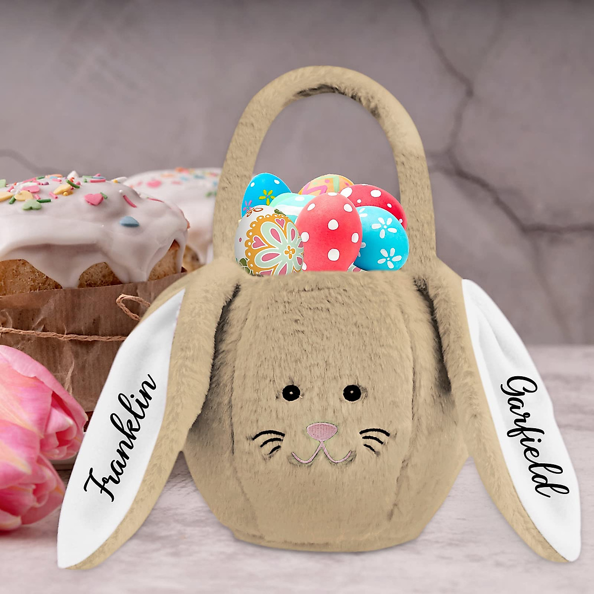 Personalized Easter Buckets with Name Custom Plush Buny Easter Basket with Handle Long Ears, Customized Egg Hunting Bags Easter Gift for Boys Girls, Easter Tote Bag for Candy（Brown）