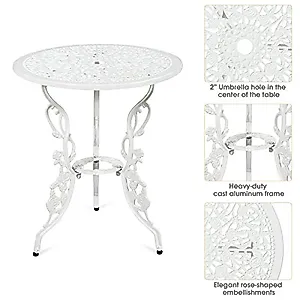 Giantex 3 Piece Bistro Set Cast Tulip Design Antique Outdoor Patio Furniture Weather Resistant Garden Round Table and Chairs w/Umbrella Hole