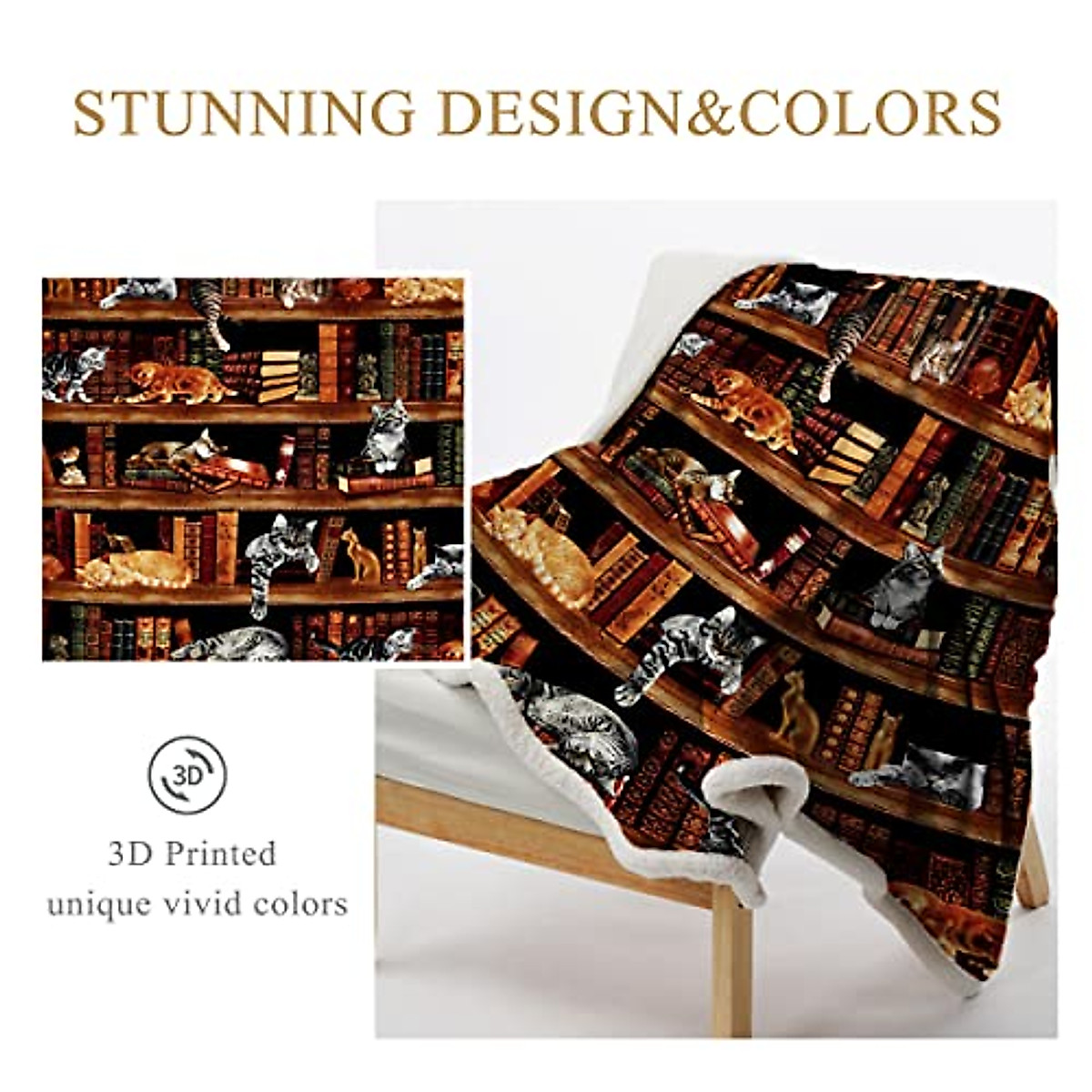 Dropshipful Bookshelf Cat Throw Blanket 50"x60" Plush Fluffy Sherpa Fleece Blanket Soft Throws for Sofa, Couch and Bed