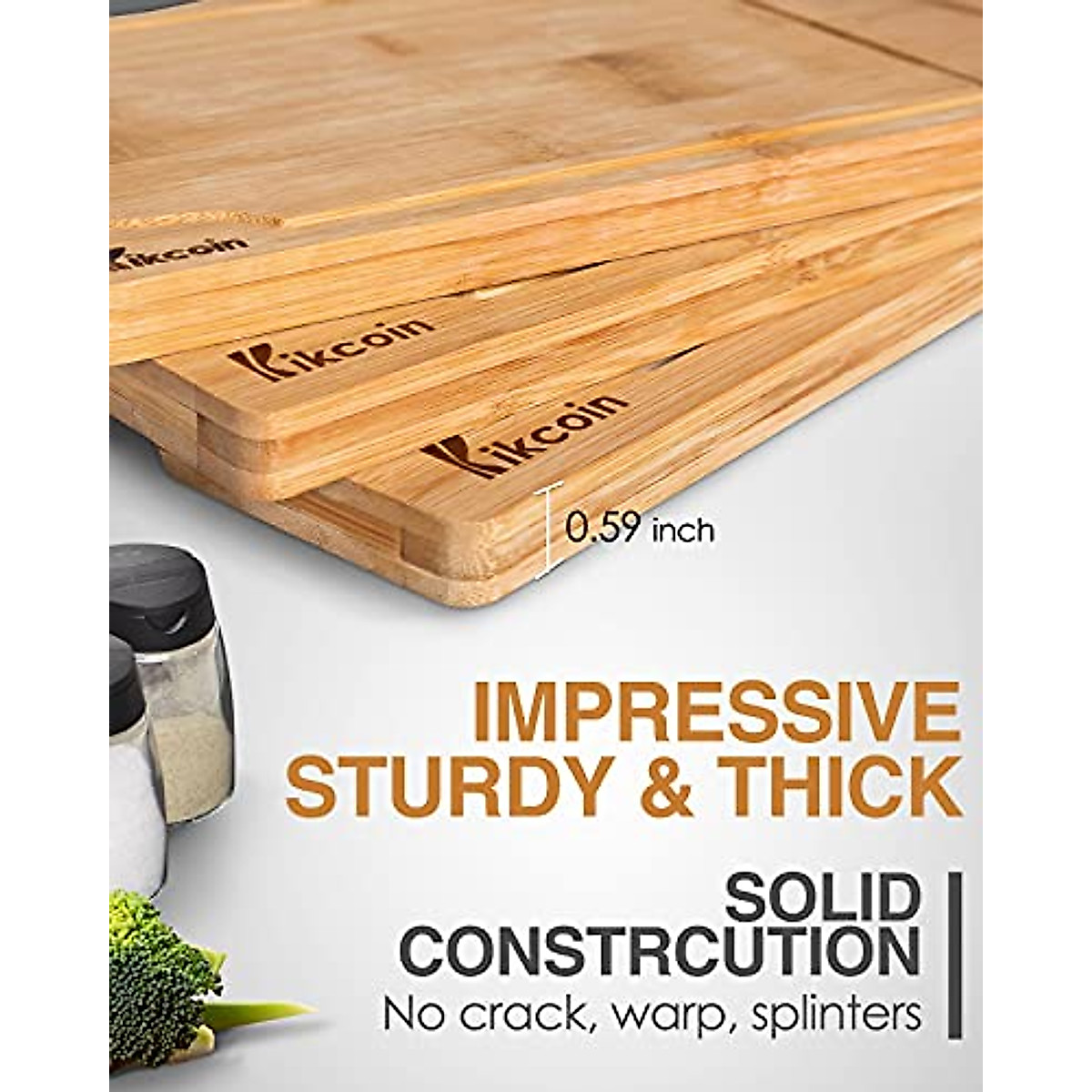 Bamboo Cutting Board, 3-Piece Kitchen Chopping Board with Juice Groove and Handles Heavy Duty Serving Tray Wood Butcher Block and Wooden Carving Board,Large,Kikcoin