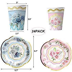 WorldBazaar Tea Party Cups and Saucers 24 Sets Floral Paper Cups with Handles 9oz Tea Party Decorations Flower Birthday Party Supplies Garden Baby Shower bulk