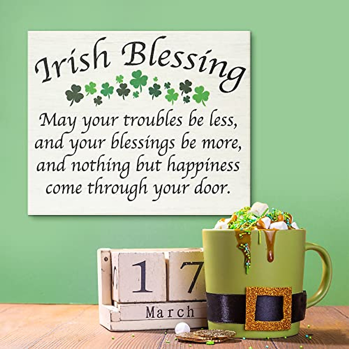 JennyGems St Patricks Day Decor, Irish Blessing Sign, May Your Troubles Be Less and Your Blessings Be More, Irish Prayer, Irish Decor, 7.25 x 6 Hanging Wood Sign