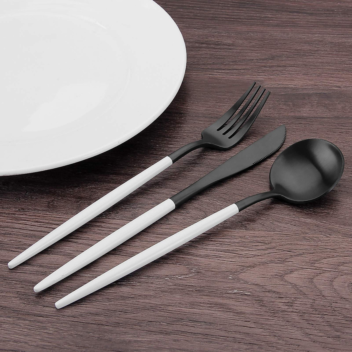 Matte Black Silverware Set with white handle, Bysta 5-Piece Stainless Steel Flatware Set, Kitchen Utensil Set Service for 1, Tableware Cutlery Set for Home and Restaurant, Dishwasher Safe