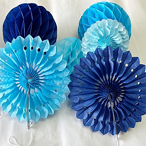 12pcs 6’’ 8’’ Honeycomb Balls Tissue Paper Fans Party Honeycomb Ball Fans Wall Decorations Tissue Pom Poms Flower Balls Hanging Paper Fans for Party Baby Shower Birthday Wedding Nursery(Blue kit)