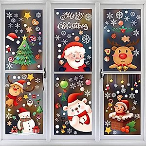242 Pieces Christmas Window Clings for Glass Windows, 9 Sheets Christmas Window Stickers, Snowflake Window Clings Christmas Decorations, Double-Side Xmas Deer Santa Decor Decals for Party