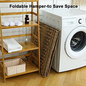 OIAHOMY Laundry Hamper with Lid, 135L Clothes Hamper with 3 Removable Liner Bags, Foldable Laundry Hamper for Bedroom, Synthetic Wicker Hamper with Lid, 27x 13 x 26 Inches, Yellow