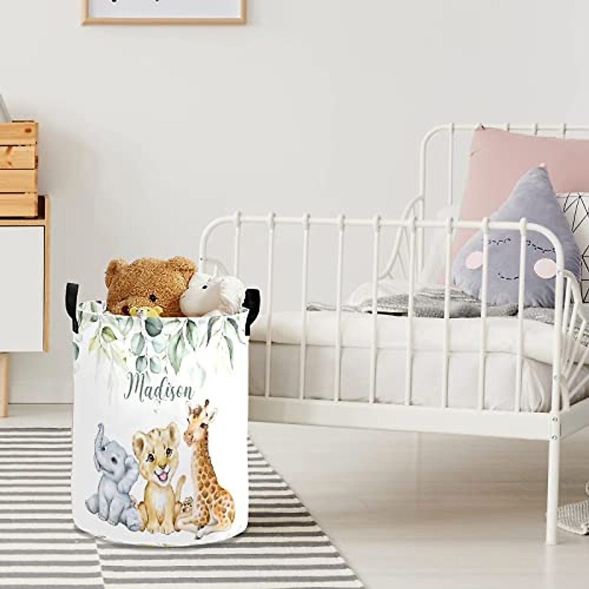 Personalized Laundry Basket Hamper,Safari Jungle Animal Greenery,Collapsible Storage Baskets with Handles for Kids Room,Clothes, Nursery Decor