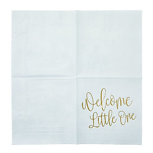 BLUE PANDA 50 Pack Pink Baby Shower Napkins –“Welcome Little One” Light Blue Napkins with Gold Foil for Baby Shower Decorations (5x5 In) - Baby Boy Shower Napkins - Welcome Baby Napkins