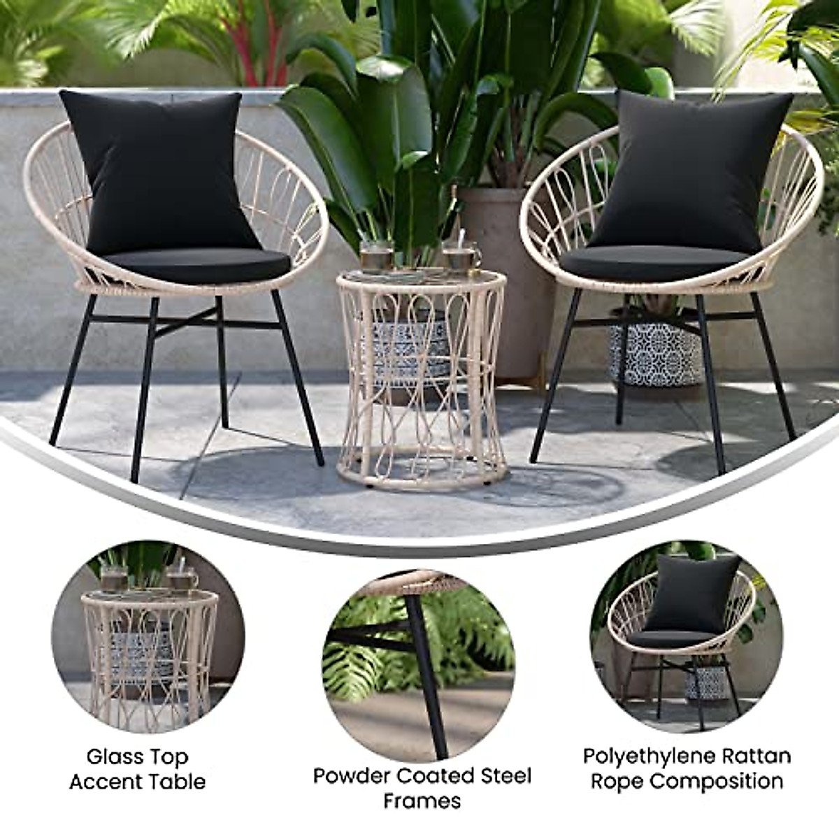 Flash Furniture TW-VN017-18-TAN-BK-GG Devon 3-Piece Indoor/Outdoor Bistro Set, Papasan Style Rattan Rope Chairs, Glass Top Side Table & Cushions, Tan/Black