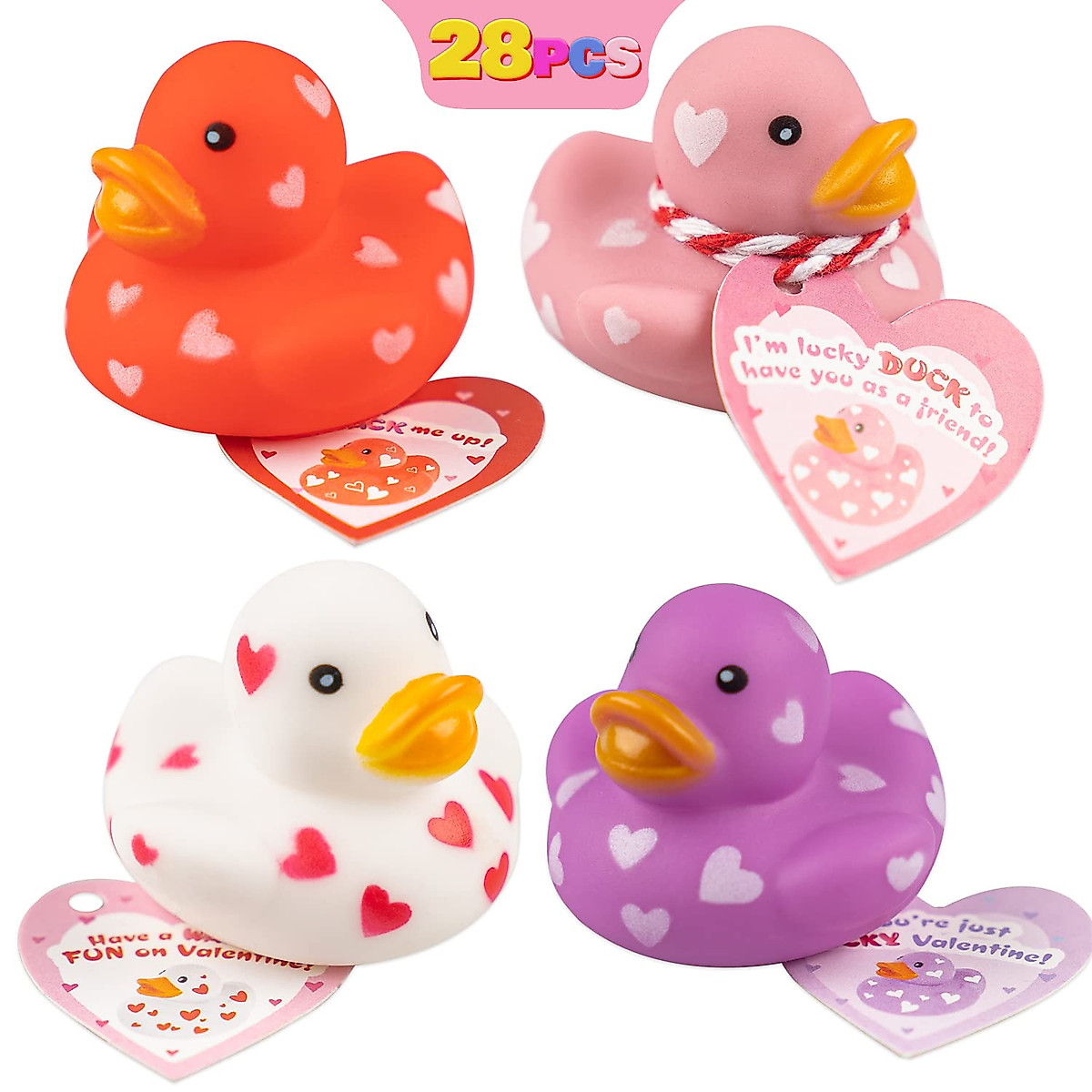 Kiddokids 28 Packs Valentines Day Gift Cards with Cute Mini Rubber Duck 2.4x2.4 Bath Toys for School Classroom Valentine’s Exchange Greeting Cards