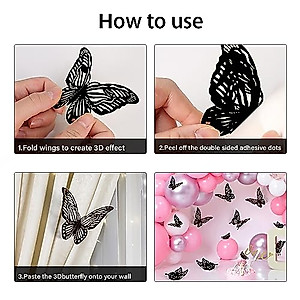 48Pcs Butterfly Wall Stickers, 3D Butterfly Wall Decor Black Butterfly Party Decorations Birthday Cake Decorations Removable Wall Stickers Room Decor for Baby Shower Party Girls Kids(Black)