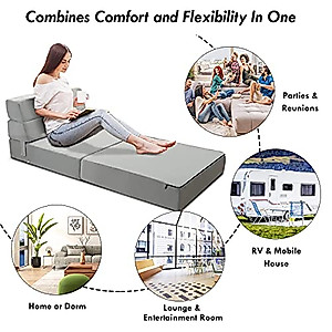 Mayjooy Tri-Fold Sofa Bed, Triple Fold Down Floor Couch w/Washable Cover & Flocking Surface, Modern Convertible Futon Sleeper Chair for Living Room/Bedroom, Upholstered Guest Chaise Lounge (Gray)